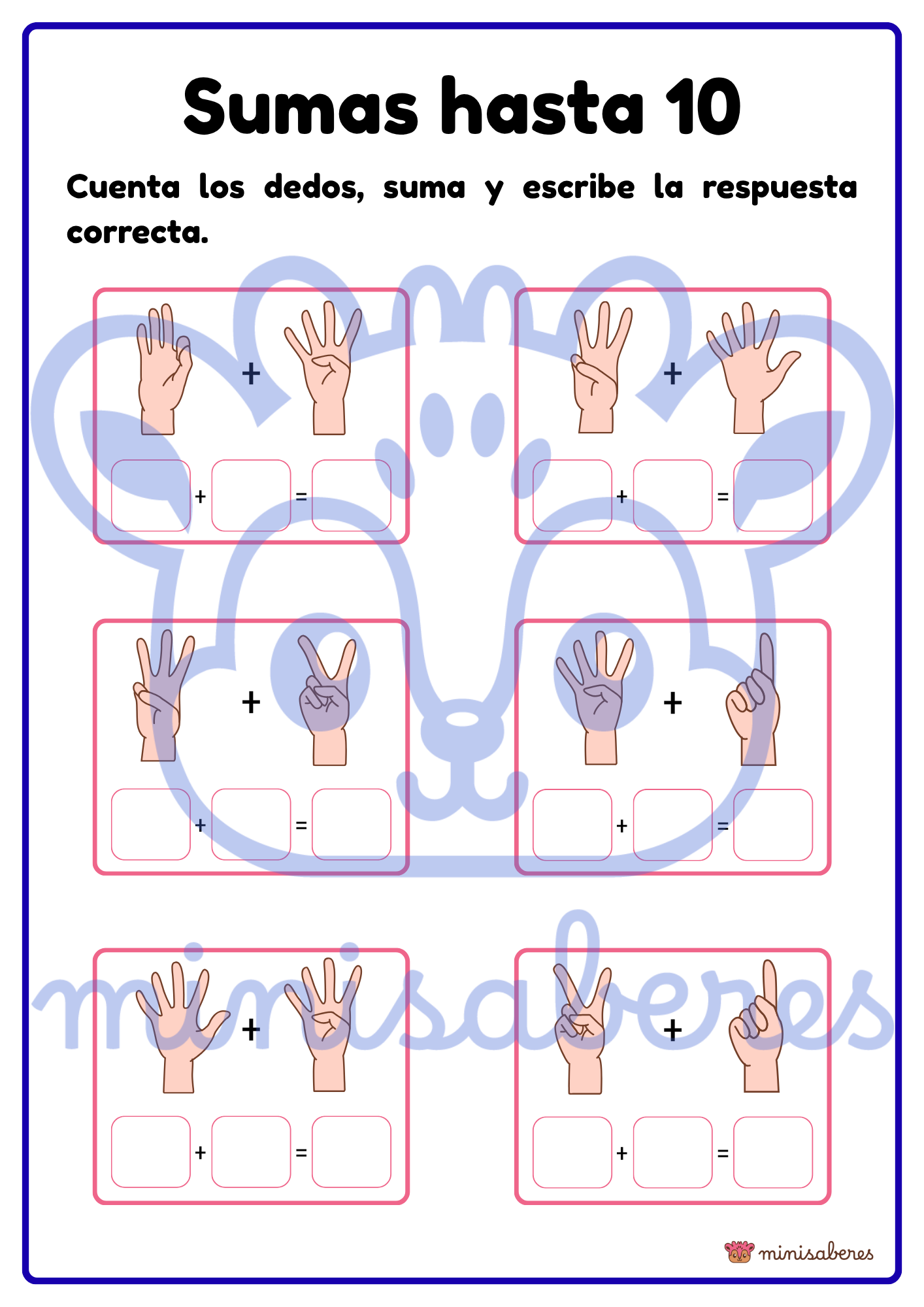 Ficha de trabajo: Suma hasta 10 | Matemática - 1° básico – Minisaberes